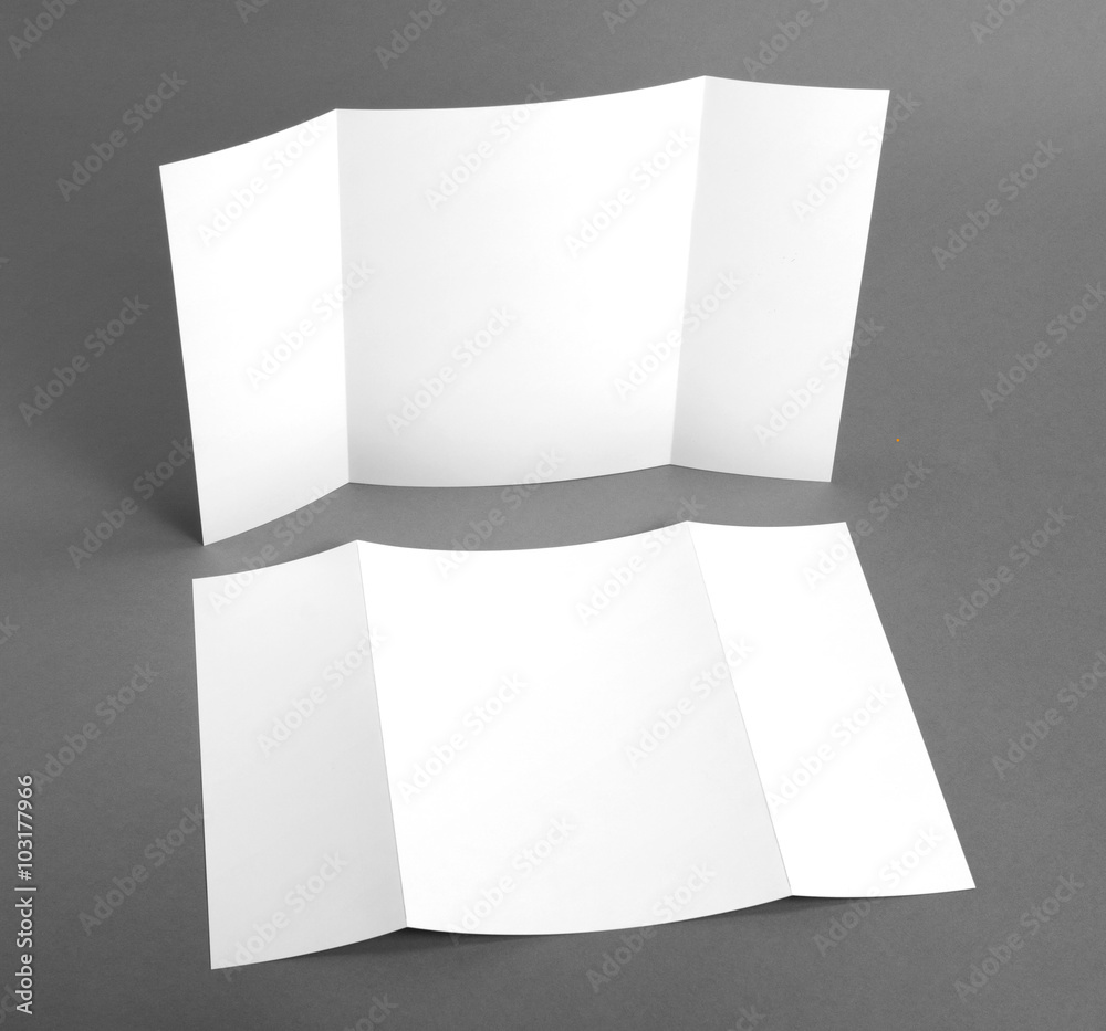 Blank gate fold brochure on grey to replace your design. Stock Photo ...