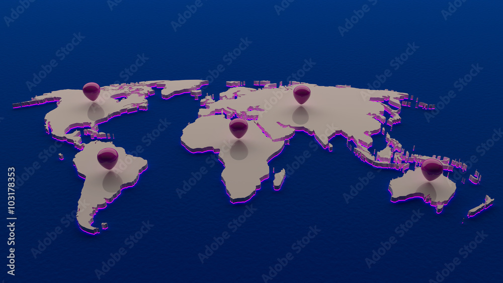 3d World map blue ocean with colored pins Stock Illustration | Adobe Stock