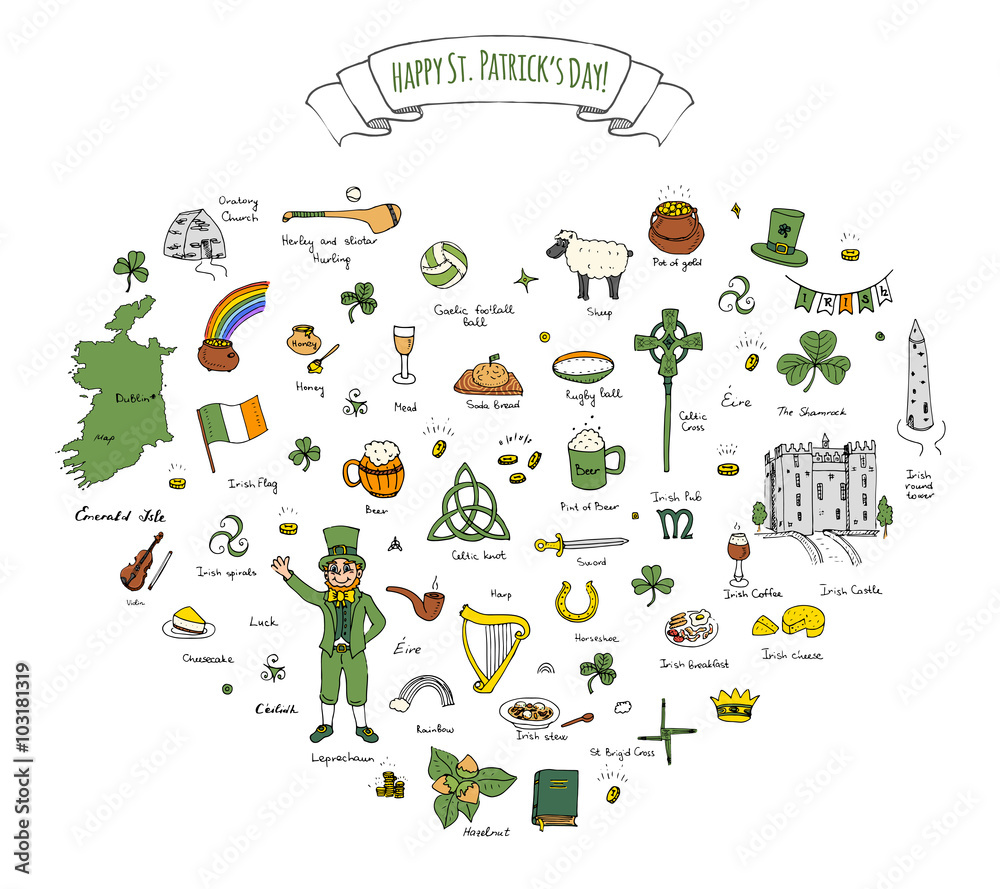 Happy St. Patrick's Day! Hand drawn doodle Ireland set Vector ...