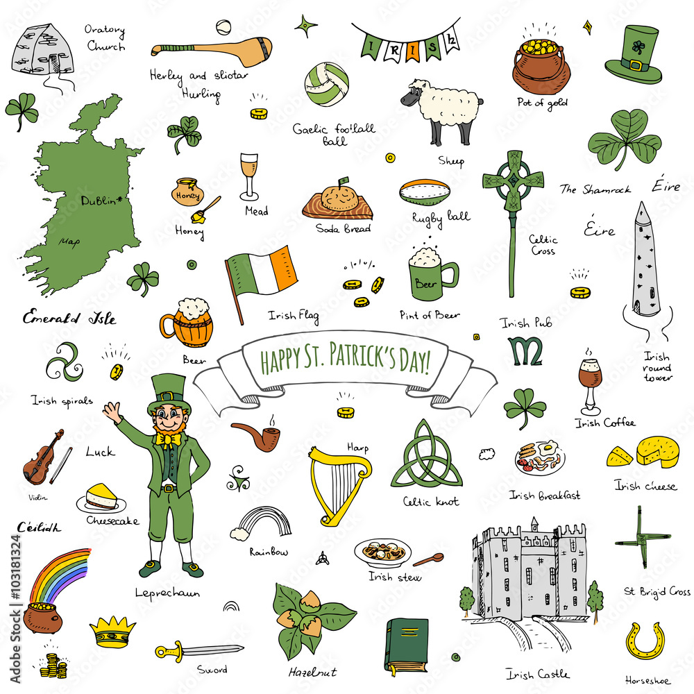 Happy St. Patrick's Day! Hand drawn doodle Ireland set Vector ...