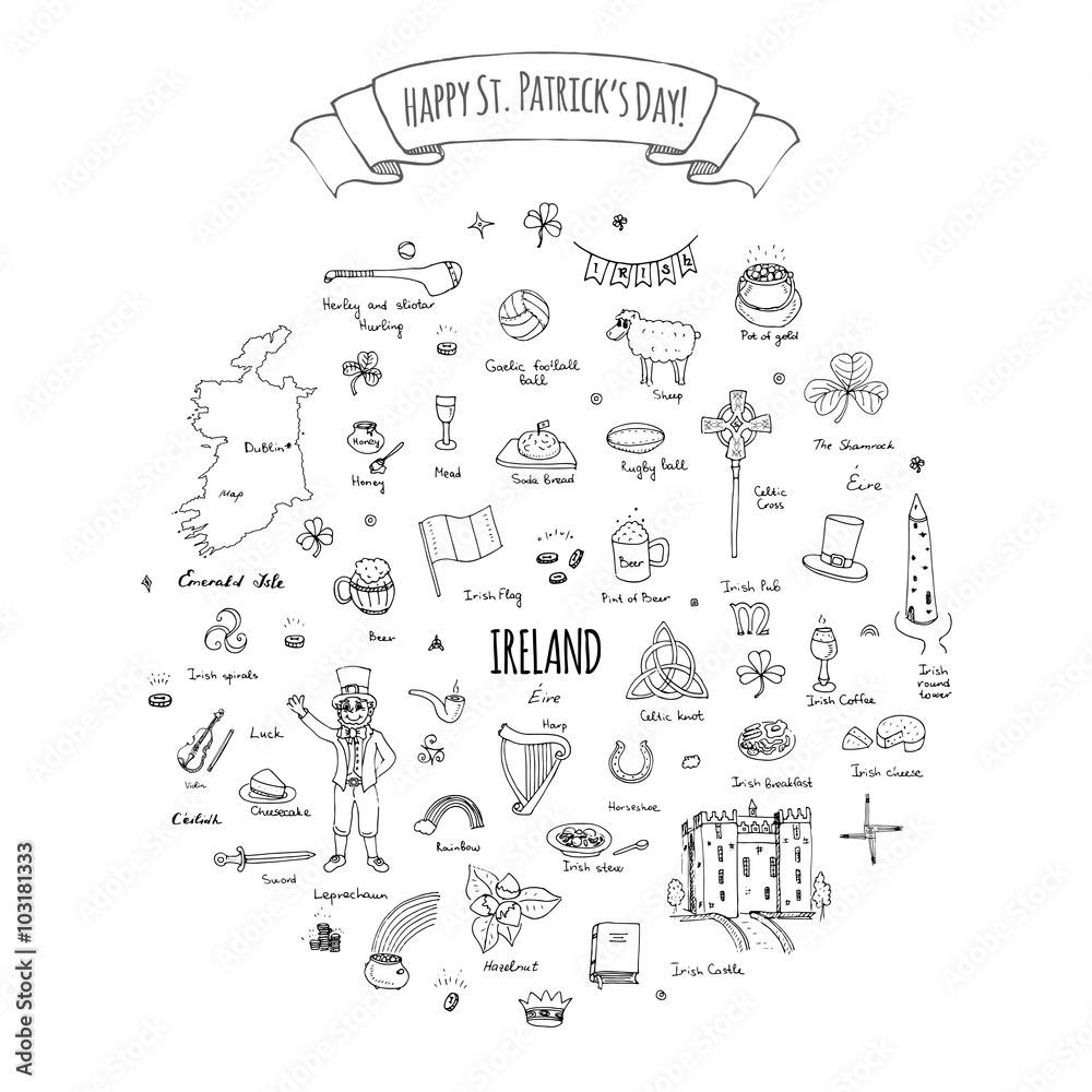 Happy St. Patrick's Day! Hand drawn doodle Ireland set Vector ...