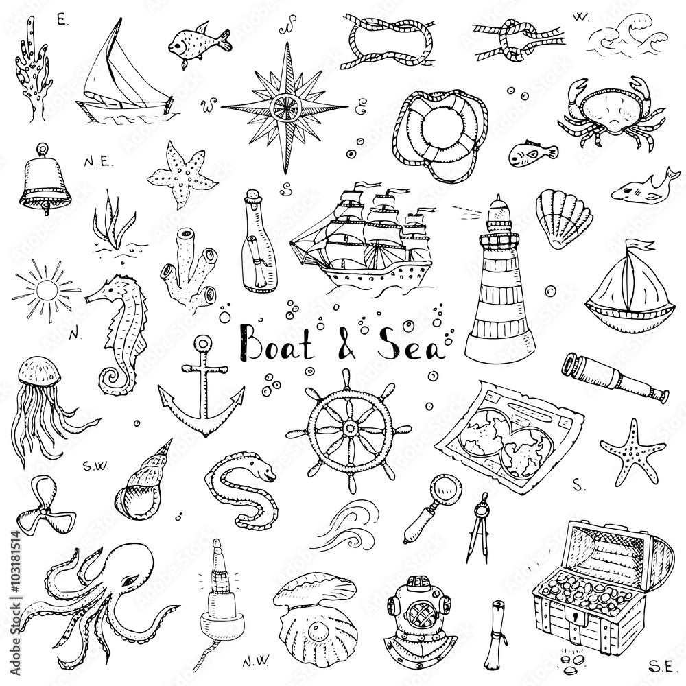Hand drawn doodle Boat and Sea set Vector illustration boat icons sea ...