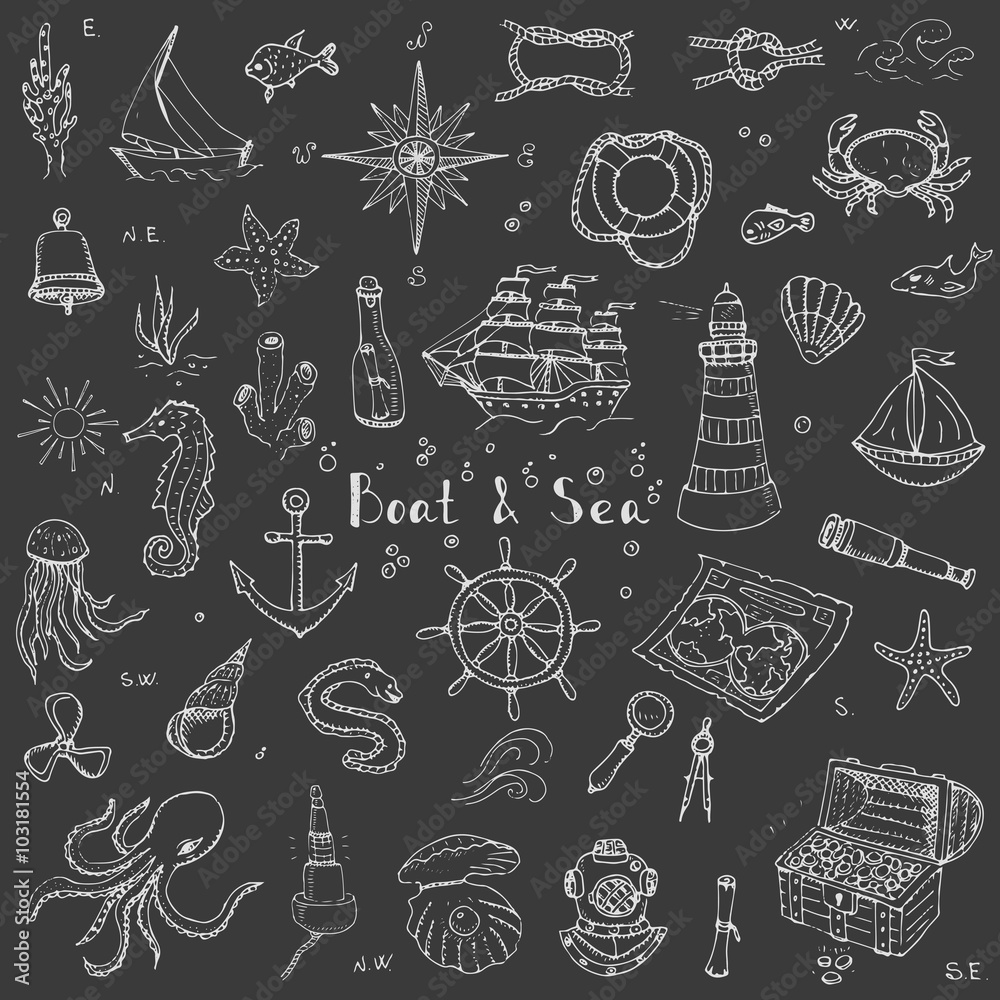 Hand drawn doodle Boat and Sea set Vector illustration boat icons sea ...