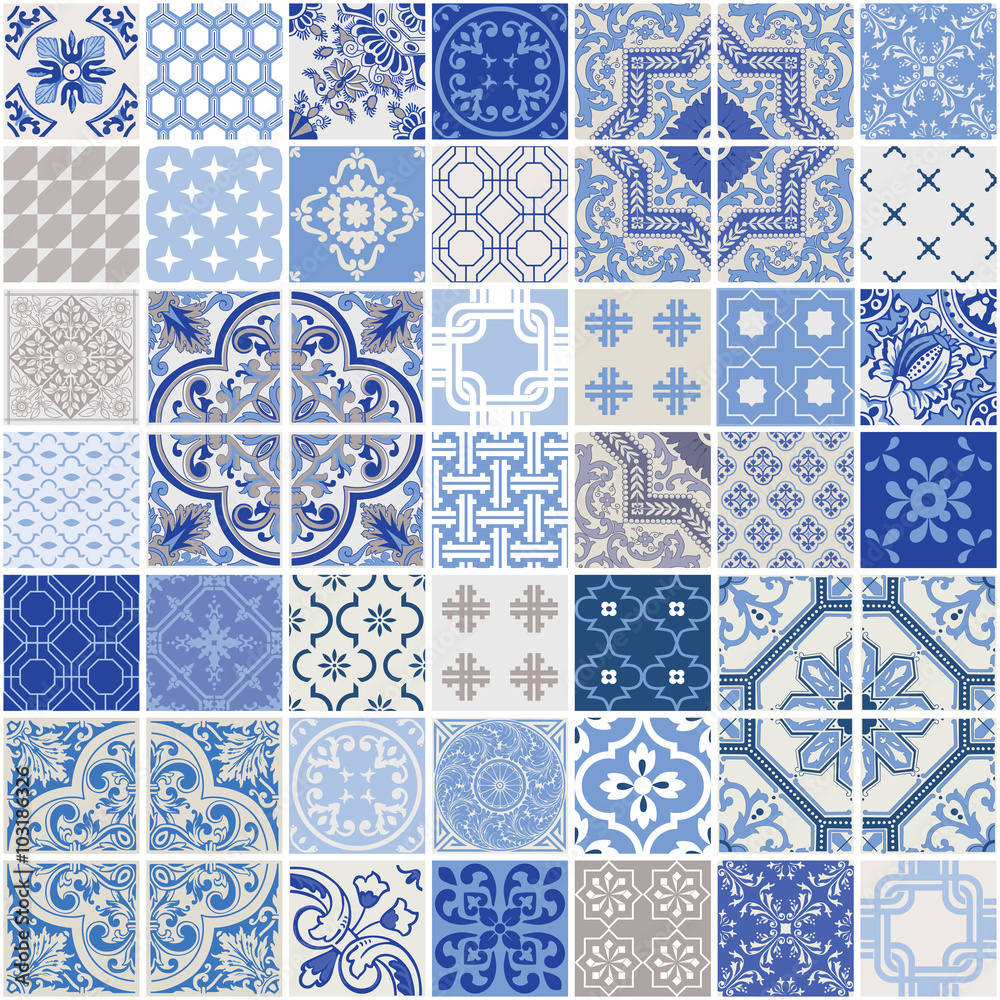 Indigo Seamless Patchwork Pattern - Monochrome Tiles Set Stock Vector ...