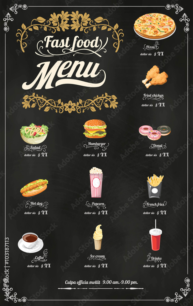 Restaurant Fast Foods menu on chalkboard vector format eps10 Stock ...