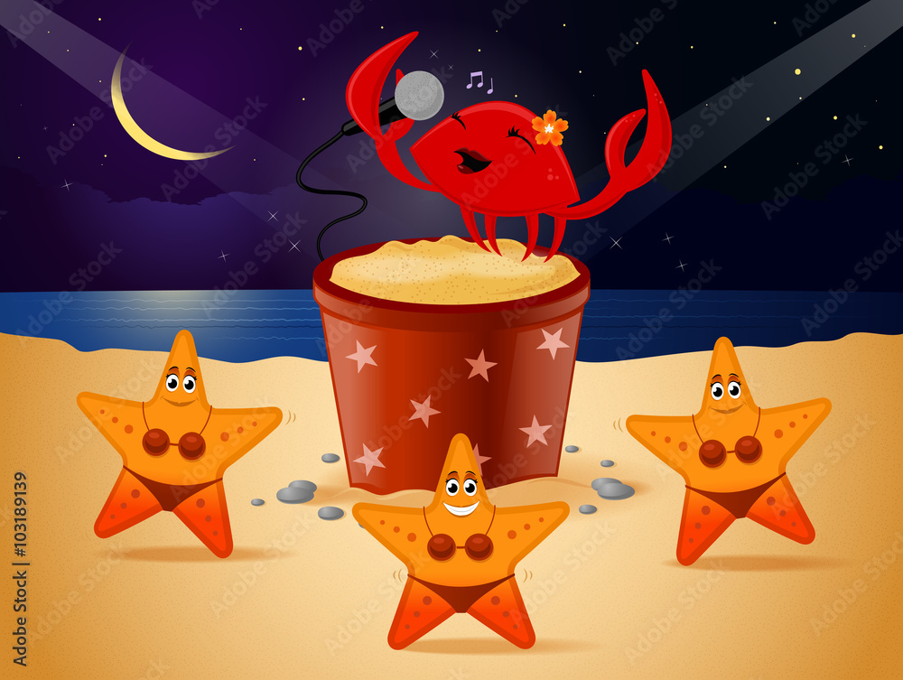 Cartoon scene of crab and stars singing performing on the beach vector ...