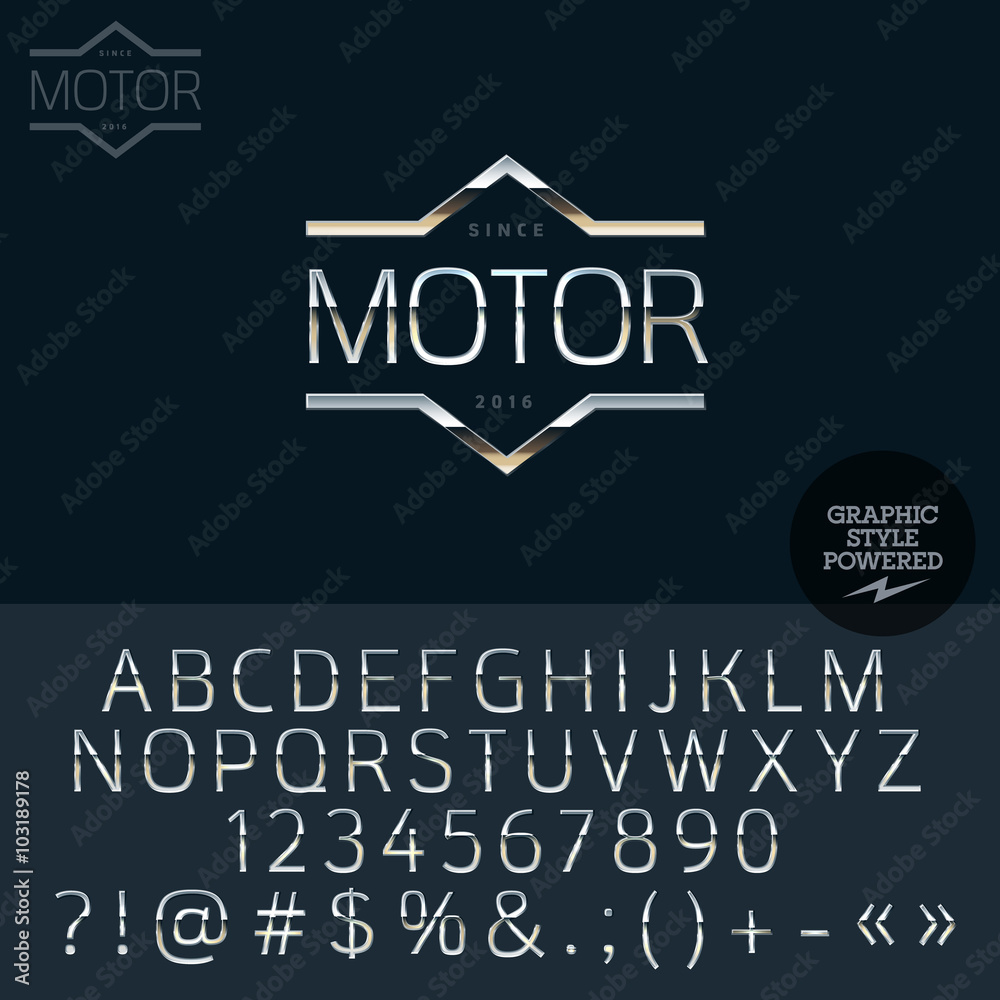Silver logotype for luxury car shop. Vector set of letters, numbers and ...