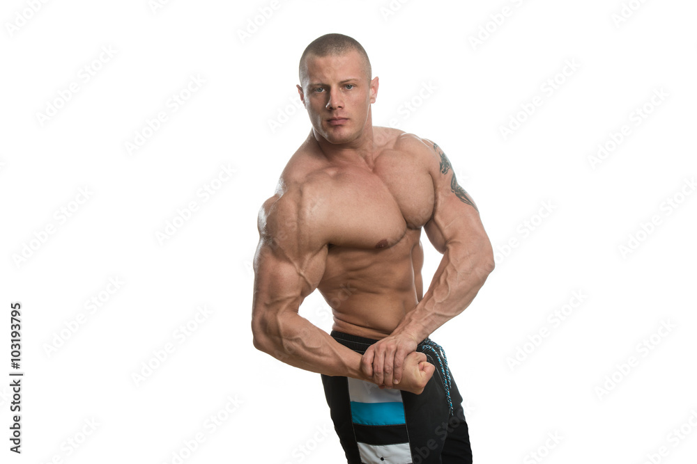 Bodybuilder Performing Side Chest Pose Over White Background Stock ...