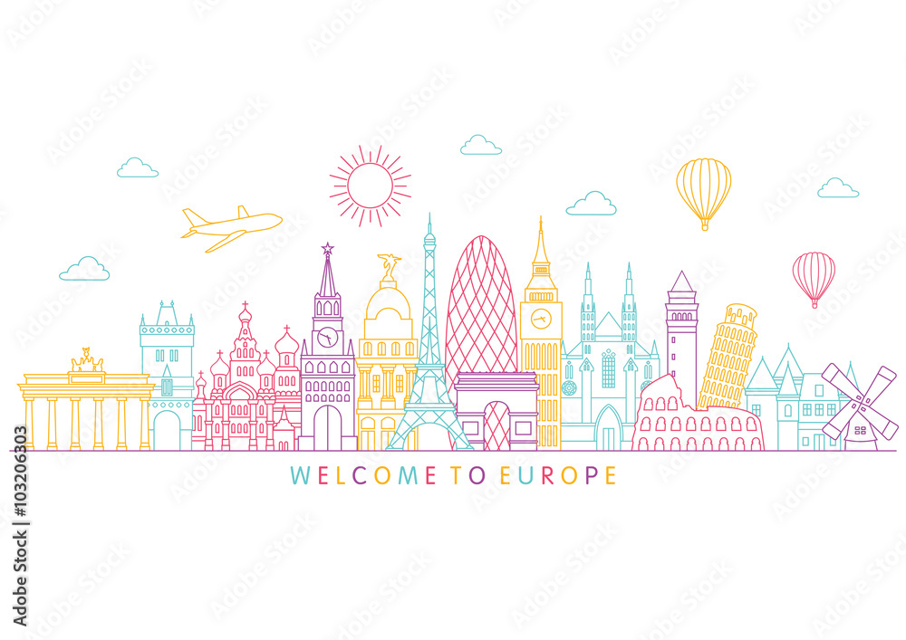 Europe detailed Skyline. Travel and tourism background. Vector ...