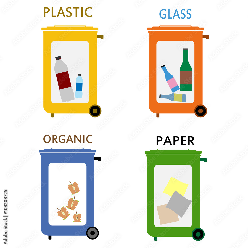 Different types of garbage in colored bins on wheels Stock Vector ...