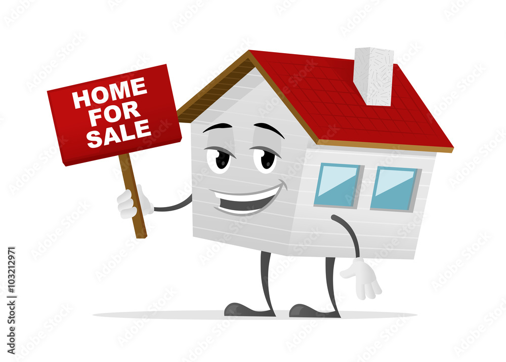 House cartoon character holding home for sale sign vector illustration ...
