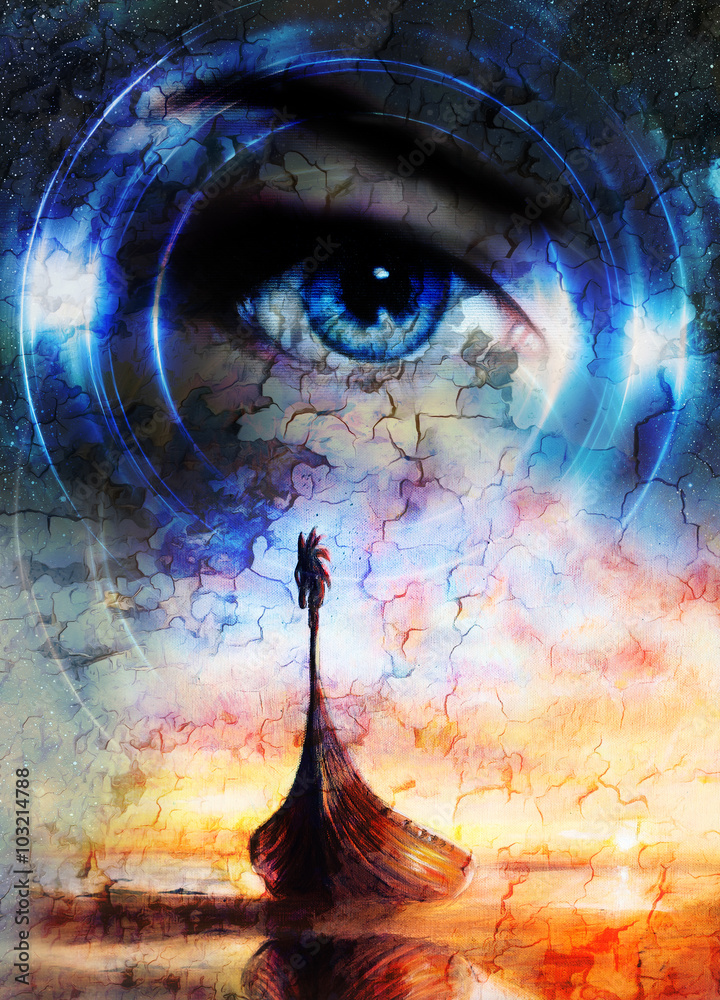 Viking Boat on the beach and woman eye. Boat with wood dragon. And ...