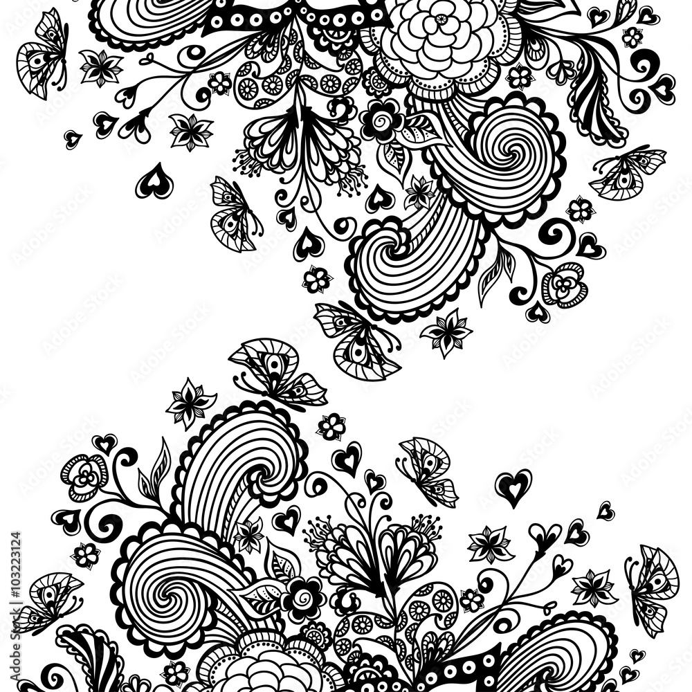 Zen-doodle background or pattern with flowers butterflies hearts black ...