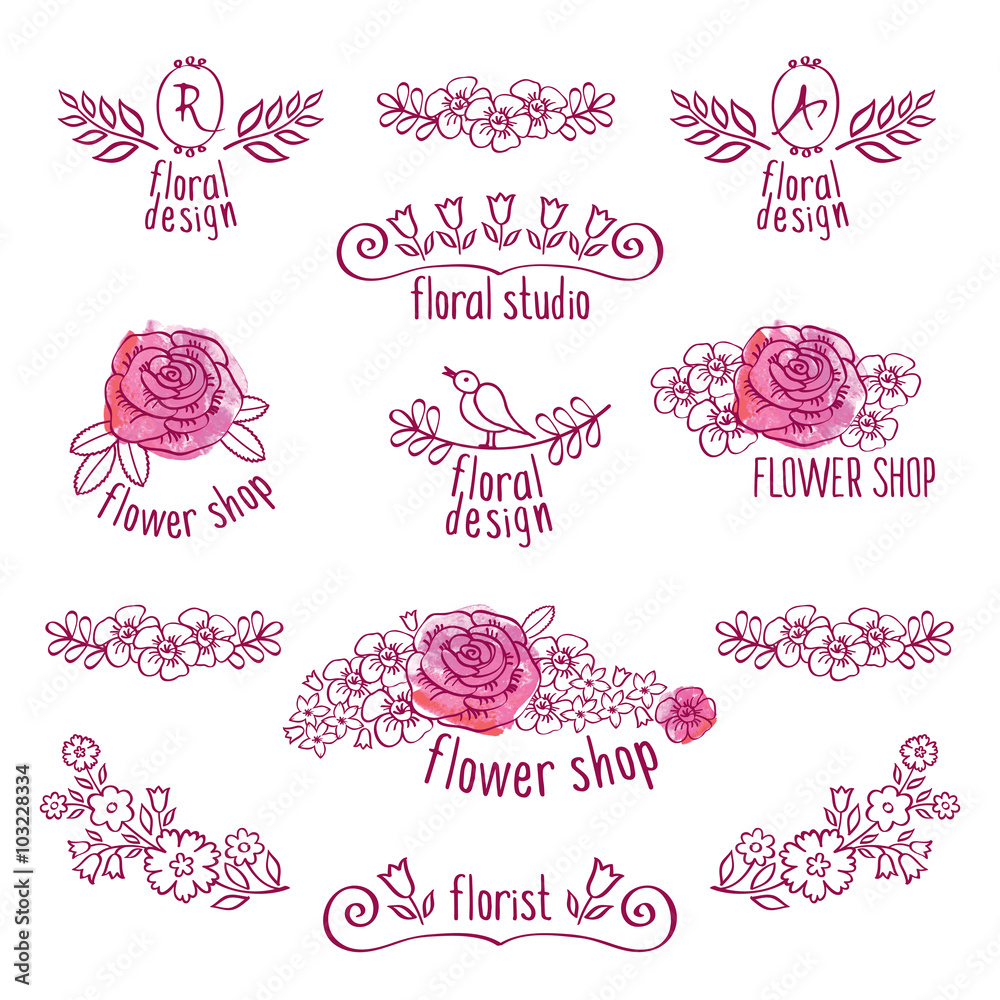 The set of hand drawn emblems and floral signs for flower shop. Flower ...