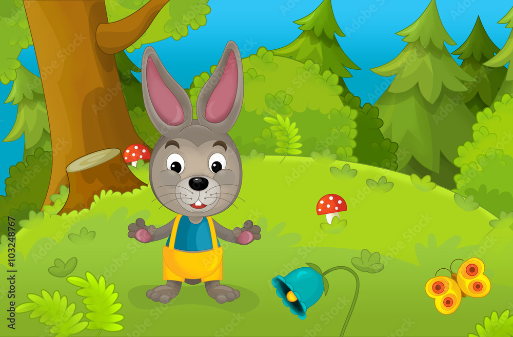 Happy cartoon scene with a young bunny - illustration for the children ...