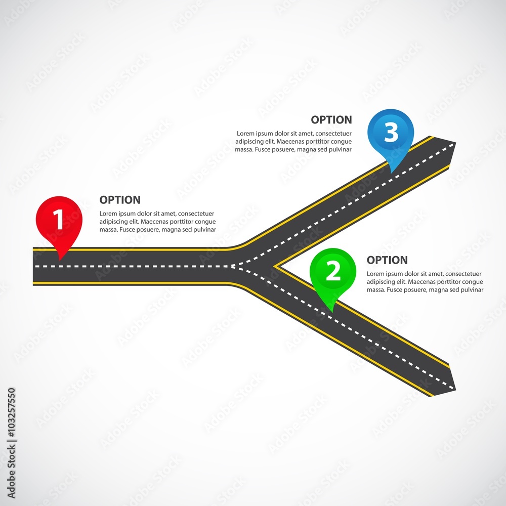 Diverging roads with arrows, bright map pointers and text fields ...