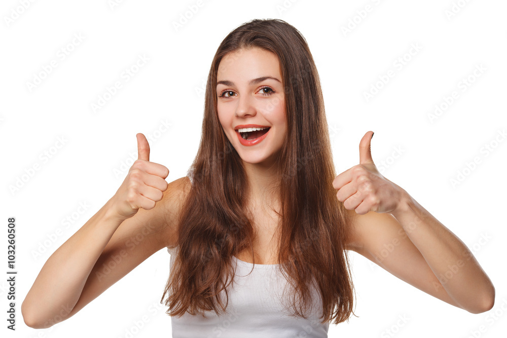 Smiling happy young woman showing thumbs up, isolated on white ...