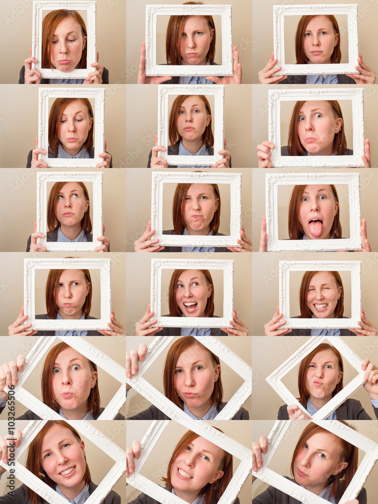 Multiple portraits collage of a beautiful young business woman with red ...