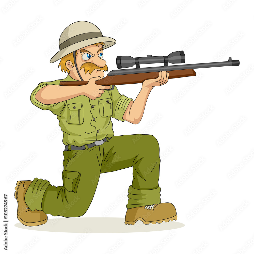 Cartoon illustration of a hunter aiming a rifle Stock Vector | Adobe Stock
