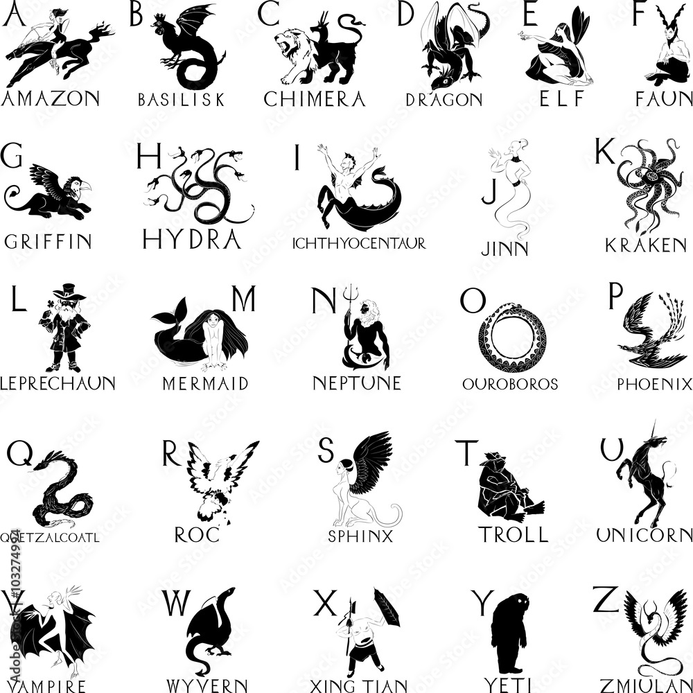 Poster Alphabet with silhouettes of mythical creatures – Wall Art ...