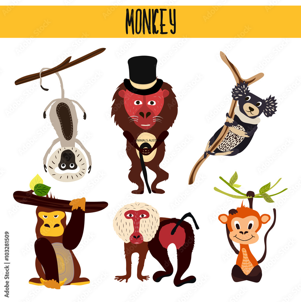 Cartoon Set of Cute Animals monkeys living in different parts of the ...