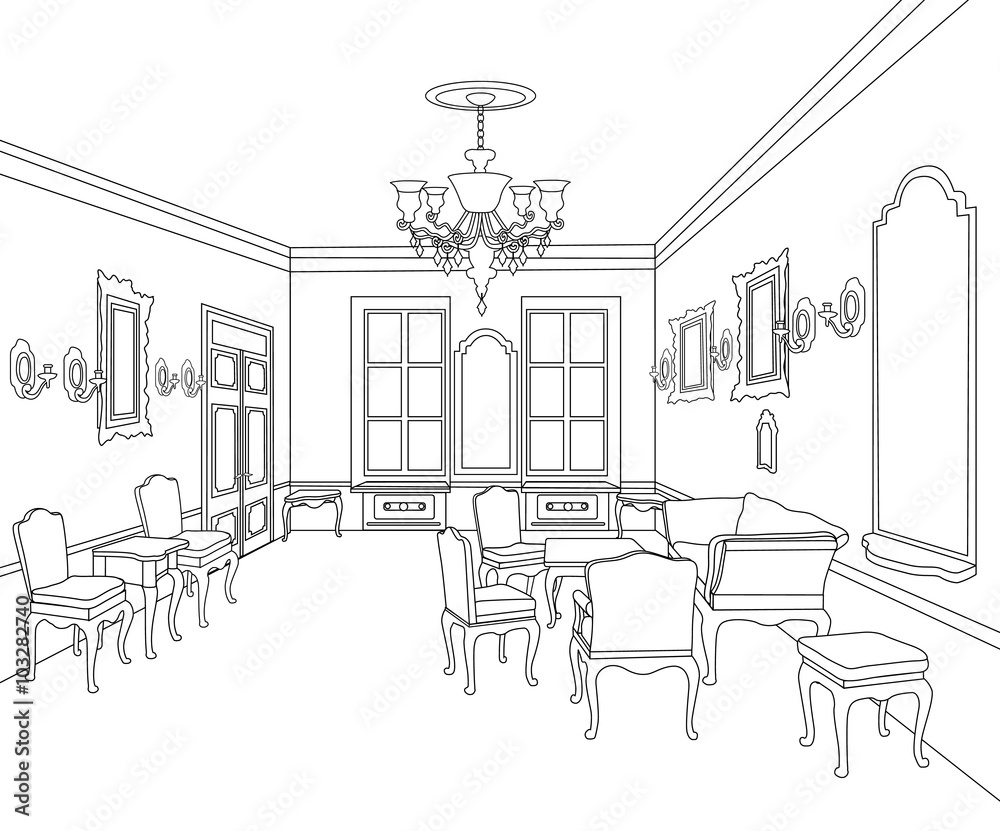 Interior living room outline sketch. Furniture blueprint. Architectural ...