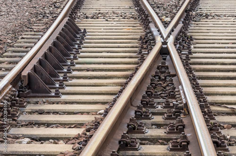 Railway track on gravel embankment, with concrete railway ties Stock ...