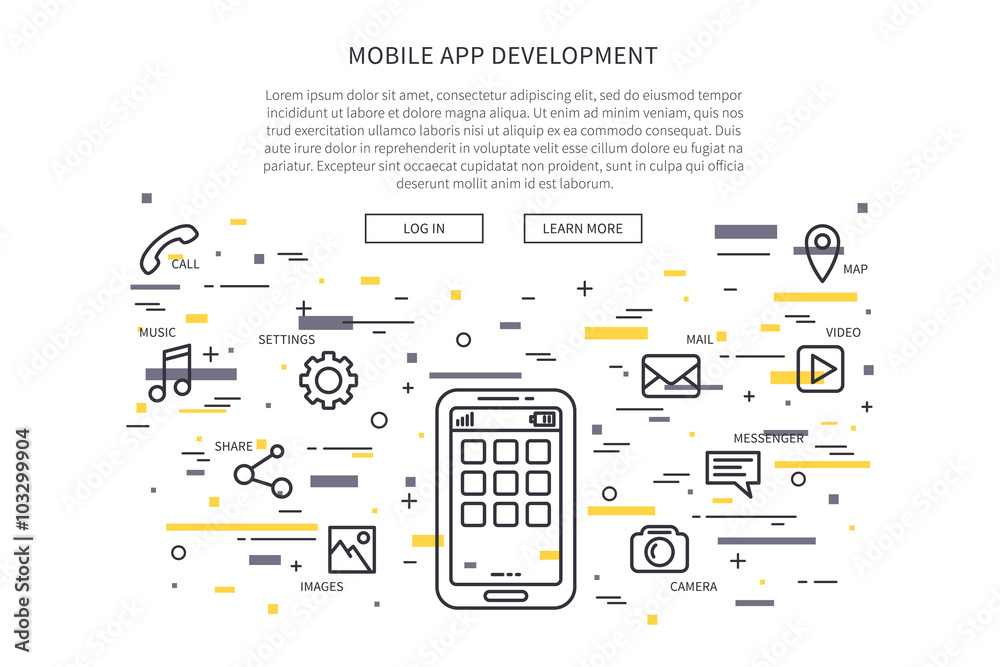 Mobile app (application) landing page linear vector illustration. Line ...