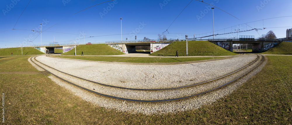 Tramway rails in side a big roundabout in Zagreb Stock Photo | Adobe Stock