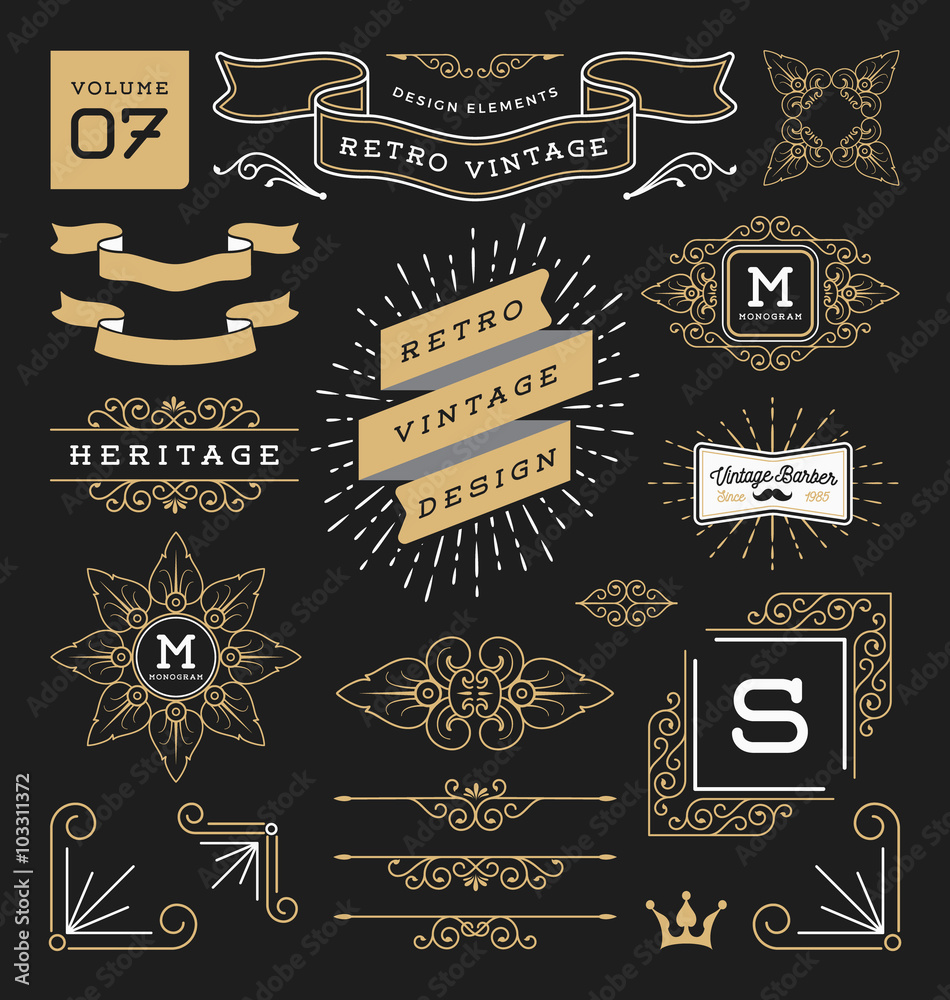 Set of retro vintage graphic design elements. Sign, frame labels ...
