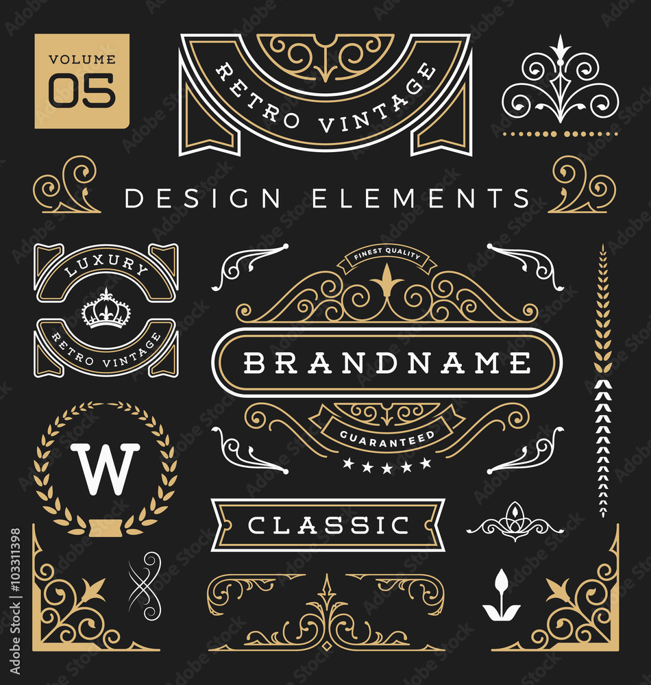 Set of retro vintage graphic design elements. Sign, frame labels ...
