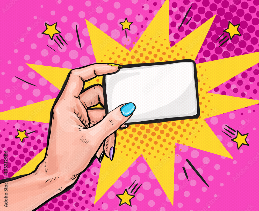 Female hand holding a card in Pop art style.Pop art background. Party ...