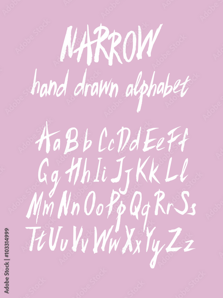 Narrow hand drawn brush painted vector alphabet set. Rough letters ...
