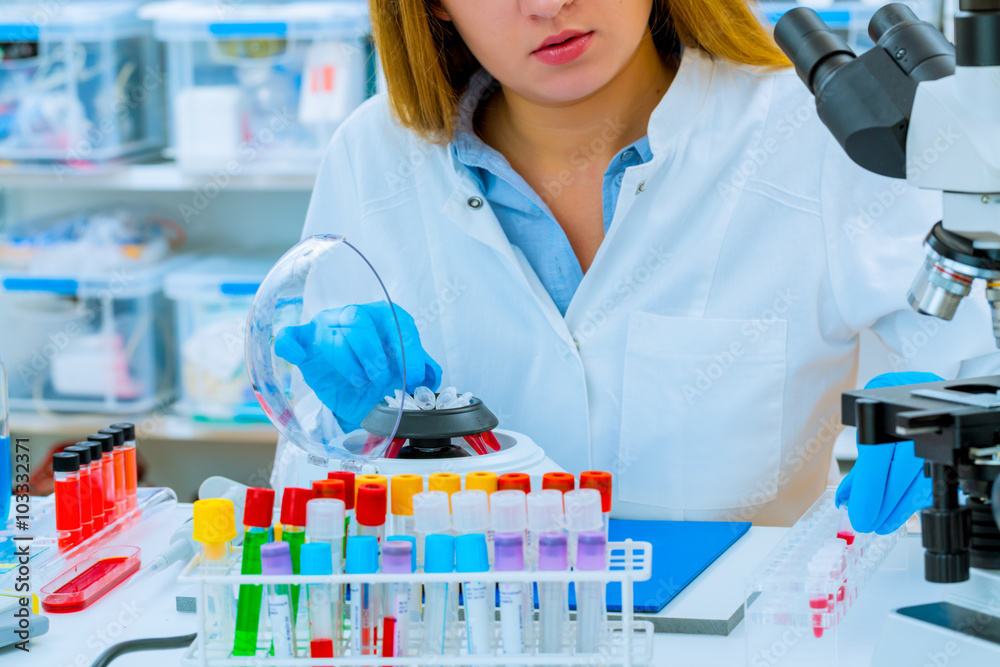 Woman laboratory assistant sets PCR test micro tubes in a centri Stock ...