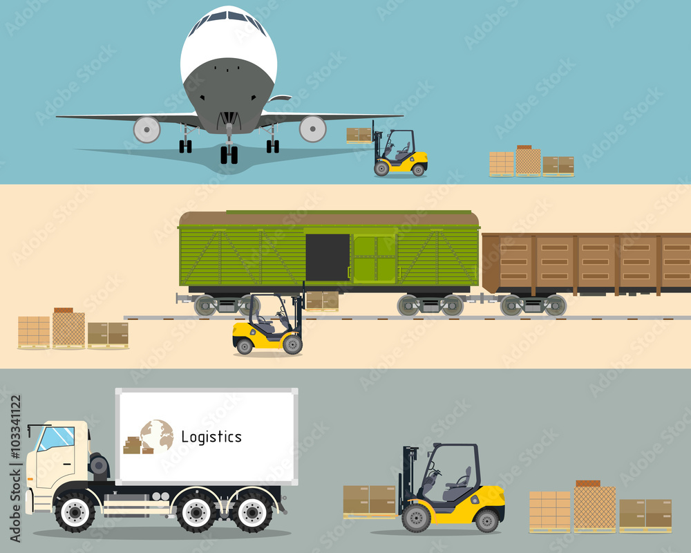 Loading boxes with a forklift into the cargo plane, truck and train ...
