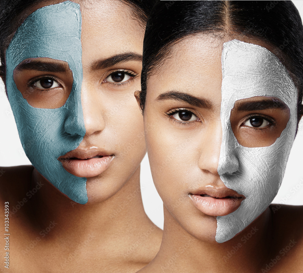 two portraits with a woman wears half a face with a mask Stock 写真 ...