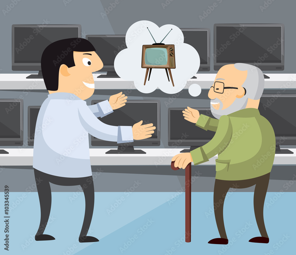 The old man in the store with televisions. Modern and retro style ...