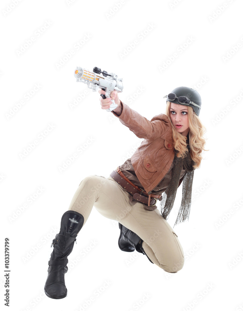 young blonde woman in a steampunk outfit, action hero pose. isolated on white background. Stock ...
