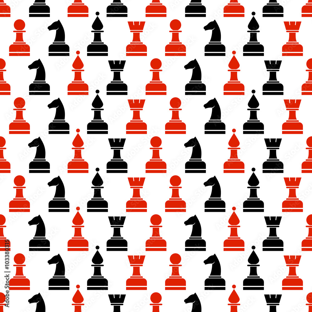 Seamless vector chaotic pattern with black and red chess pieces on the ...