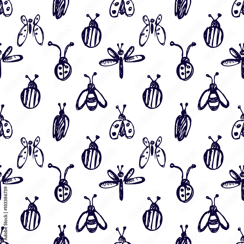 Seamless vector pattern with insects, background with ladubugs, wasps ...