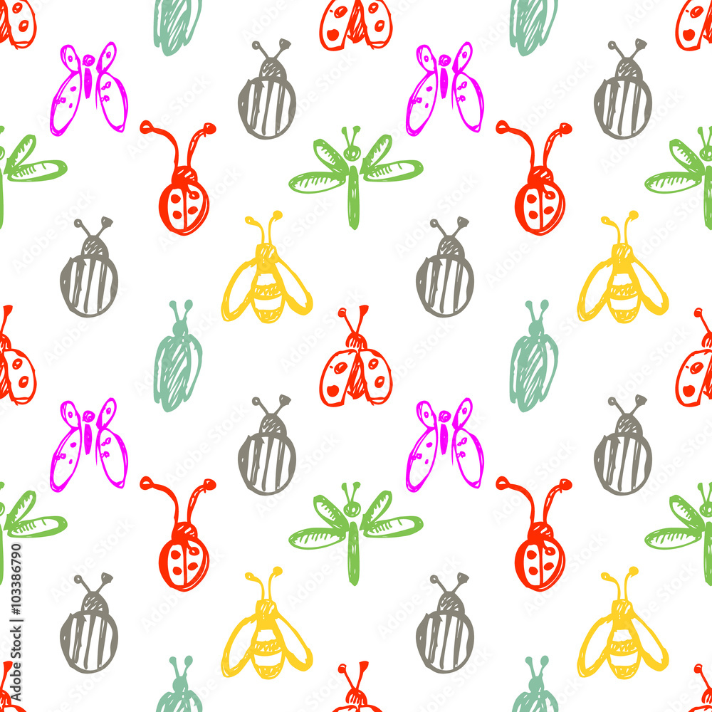 Seamless vector pattern with insects, background with ladubugs, wasps ...