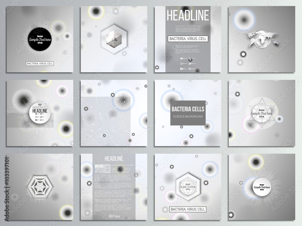 Set of 12 creative cards, square brochure template design. Molecular ...