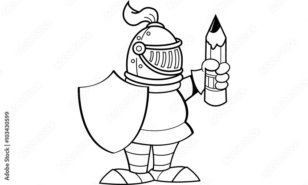 Black and white illustration of a knight holding a shield and a pencil ...