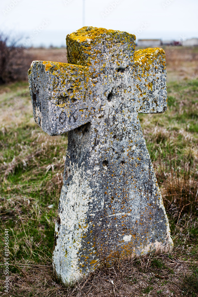 Ancient stone cross neer Black See. Old cossack burial with gray ...