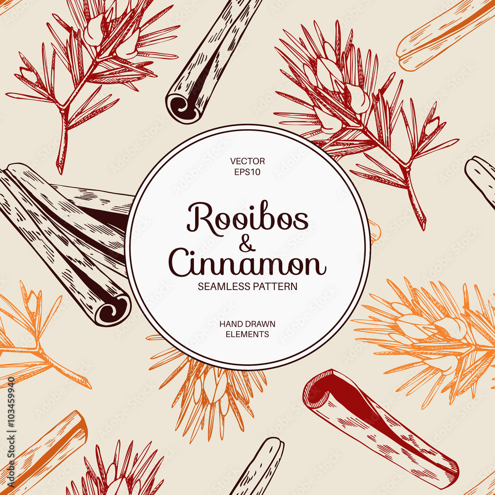 Vintage pattern design with herbal tea ingredients - rooibos and cinnamon. Vector seamless ...