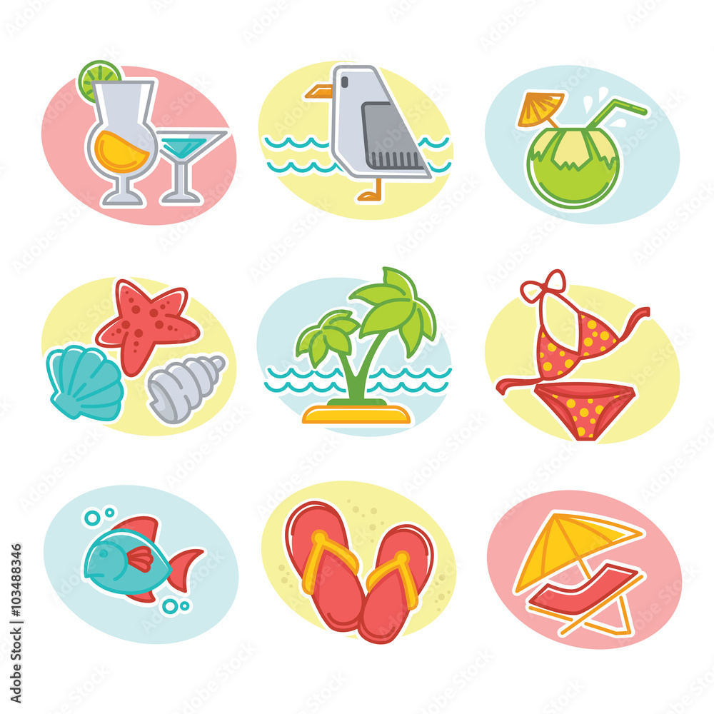 happy summer time, vector collection of symbols, emblems and ico Stock ...