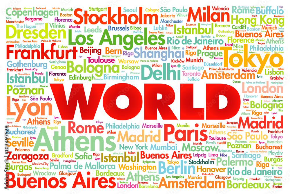 WORLD word cloud concept made with words cities names, business concept ...