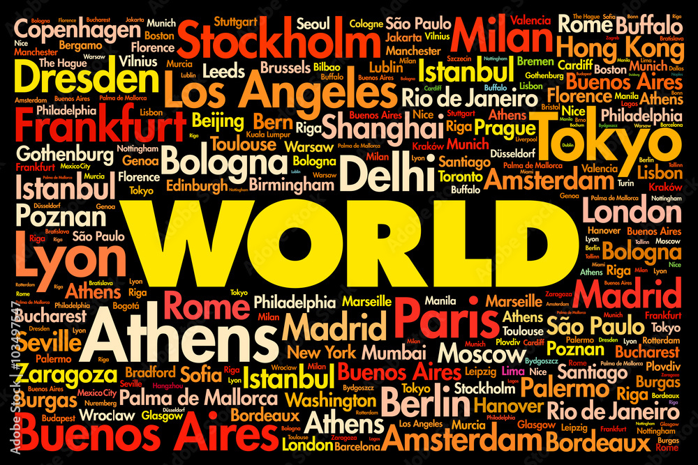WORLD word cloud concept made with words cities names, business concept ...