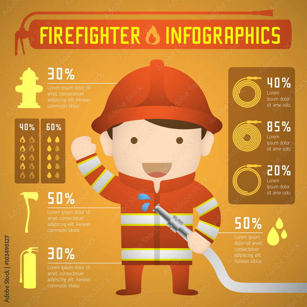 Firefighter infographics in orange fire suit yellow gradient background ...
