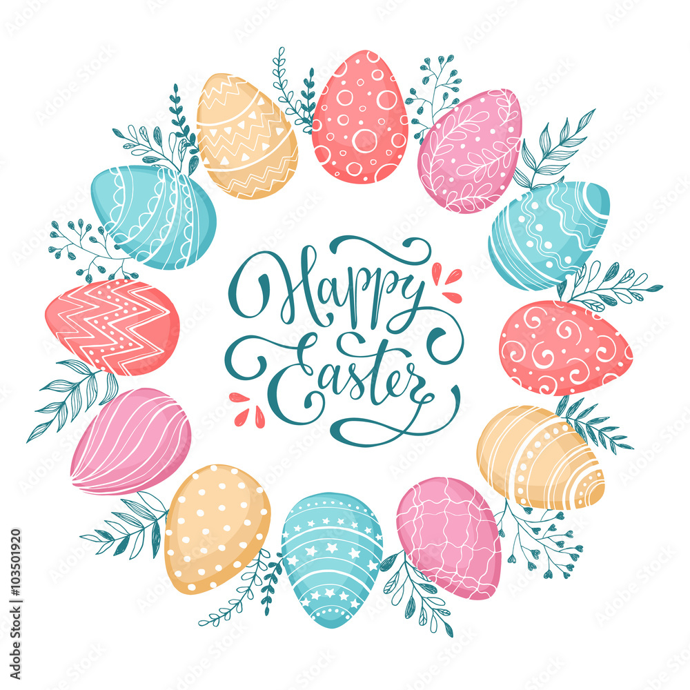Easter wreath with easter eggs hand drawn black on white background ...